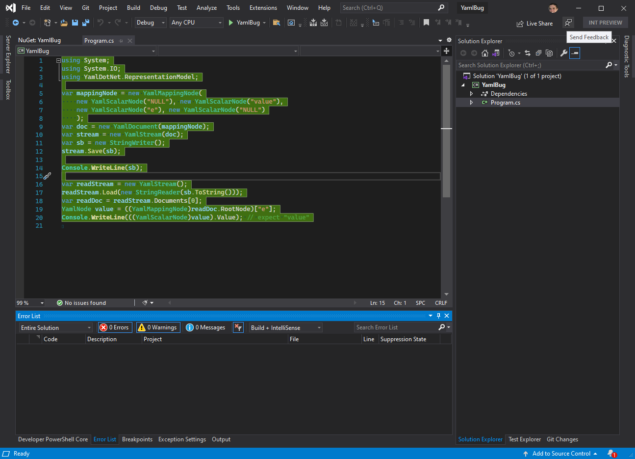 Green highlight over entire C# document · Issue #51626 · dotnet/roslyn ...