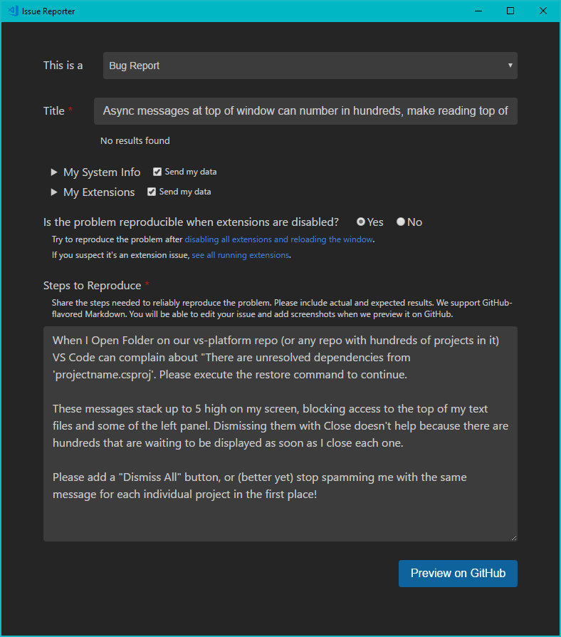 Issue Reporter doesn't actually work after filling it out · Issue ...