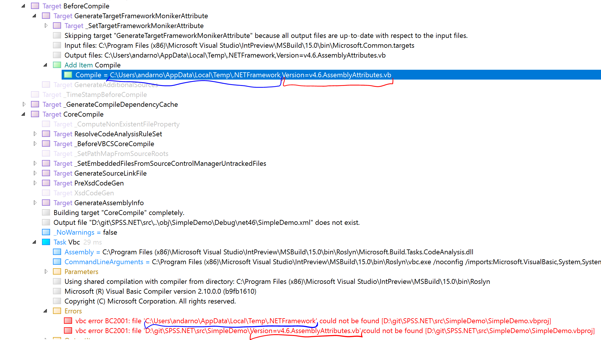 Building VB console app fails, unable to find "%TEMP%\.NETFramework,Version=v4.6 ...