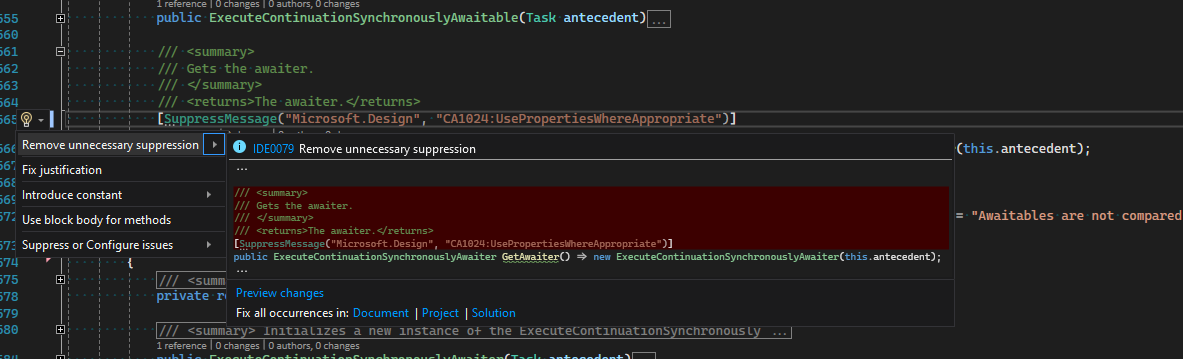 IDE0079 code fix removes xml doc comments above SuppressMessage ...