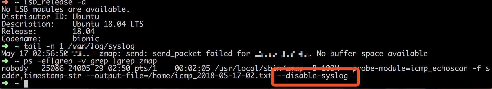--disable-syslog not work at Ubuntu 18.04 · Issue #522 · zmap/zmap · GitHub