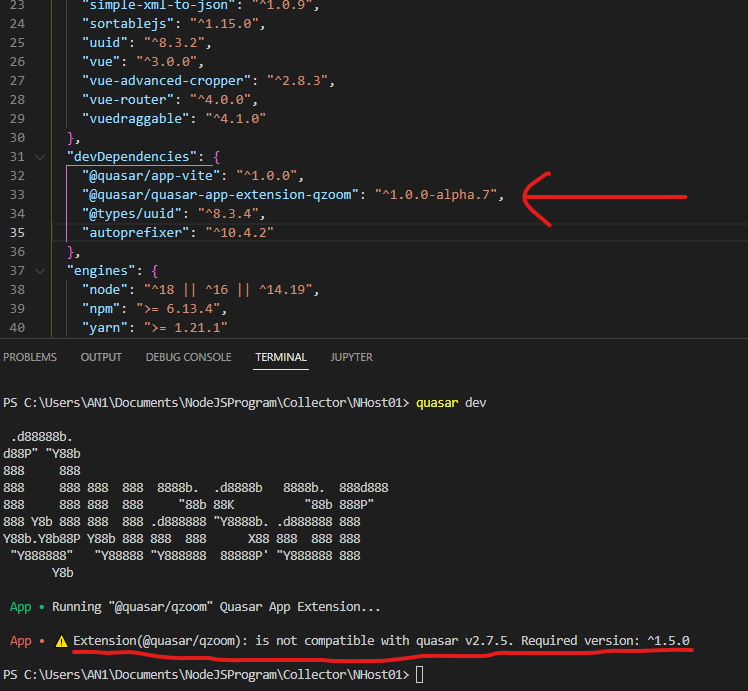 App • ⚠️ Extension(@quasar/qzoom): is not compatible with quasar v2.7.5. Required version: ^1.5. ...