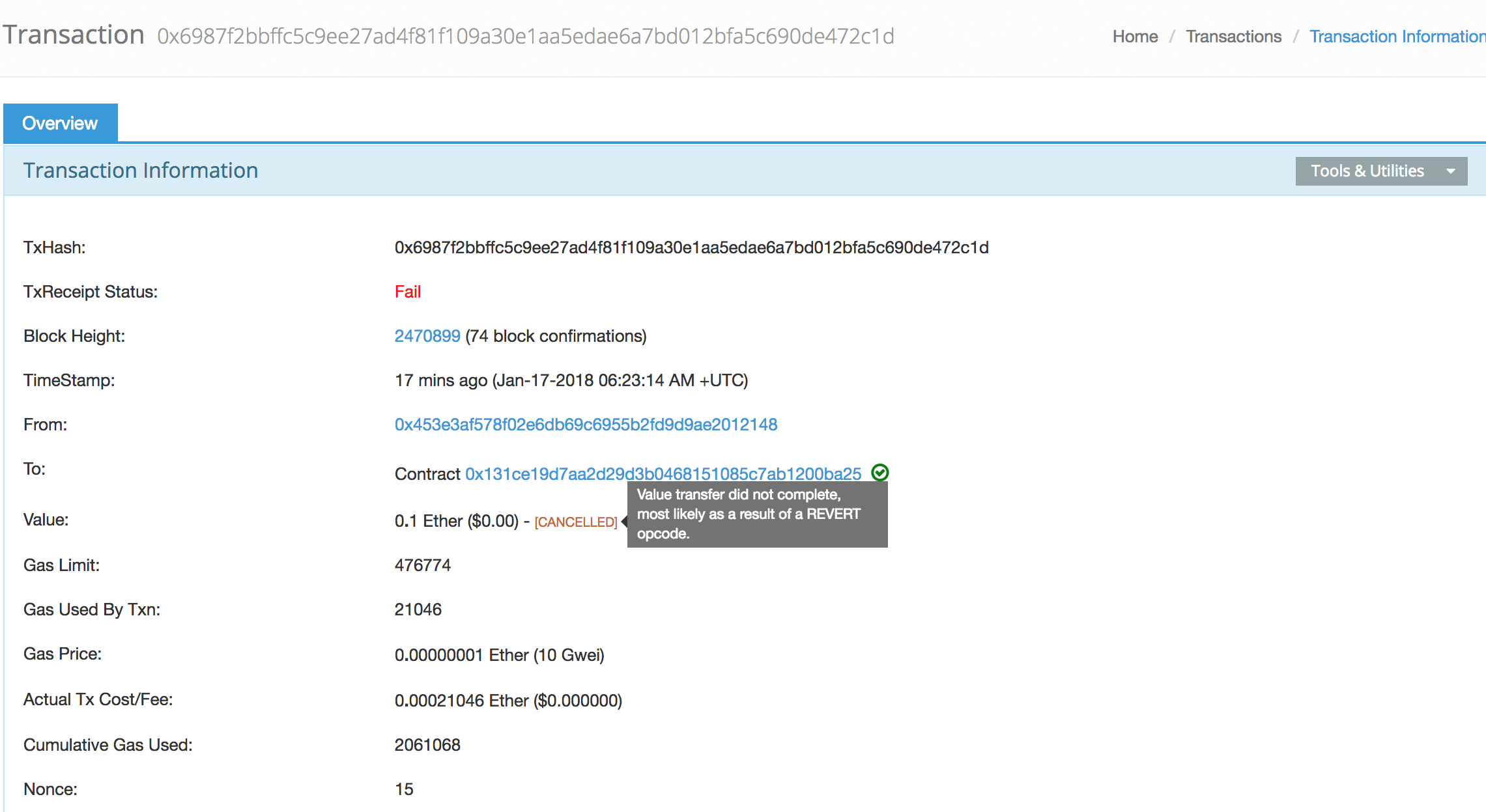 Having Issues with Smart Contract Transactions "Value transfer dis not complete, most likely as ...
