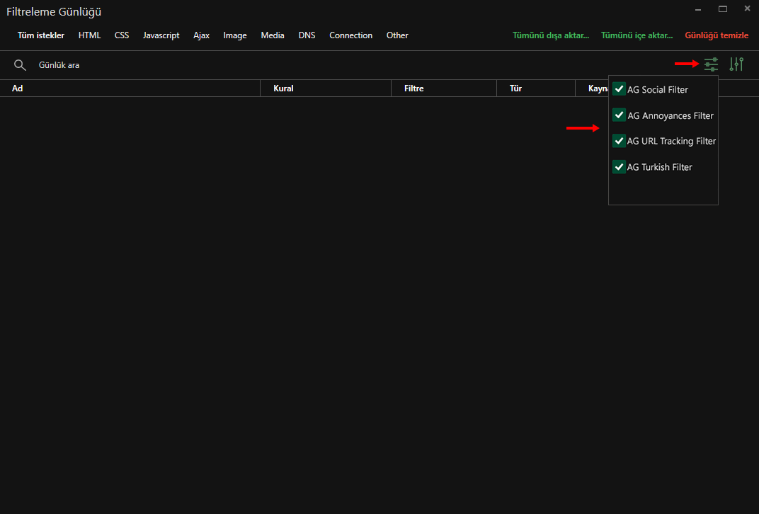 Add "filter" setting that In the filtering log contains active filters and only shows requests ...