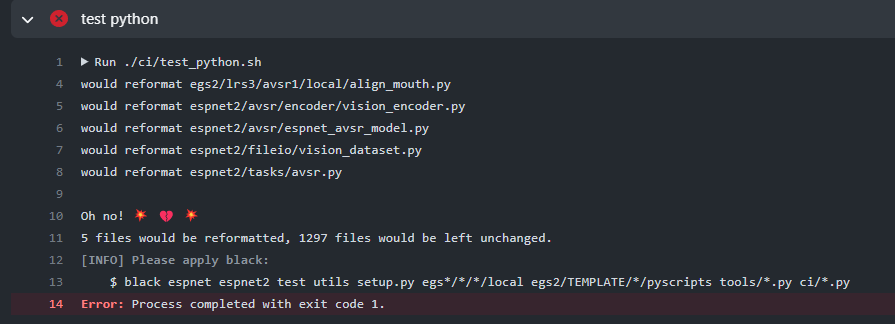 Black Formatting Issue For Test Cli Espnet · Issue 4482 · Espnet 