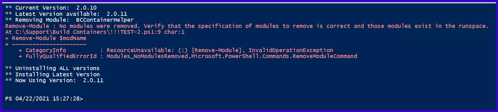 New versions of BCContainerHelper refer to the previous version when building new container ...