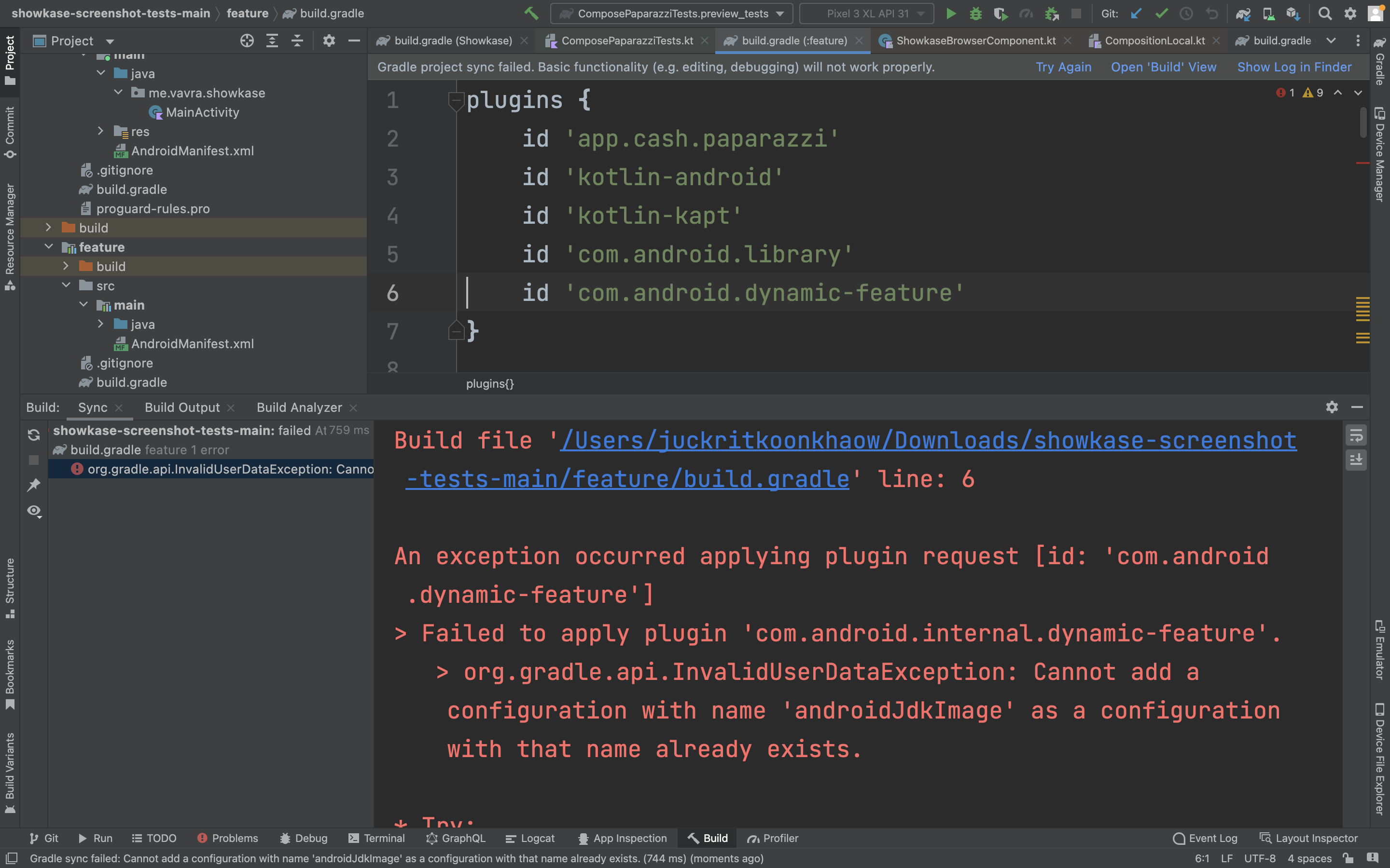 Gradle fail with plugins id 'com.android.dynamic-feature' · Issue #665 · cashapp/paparazzi · GitHub