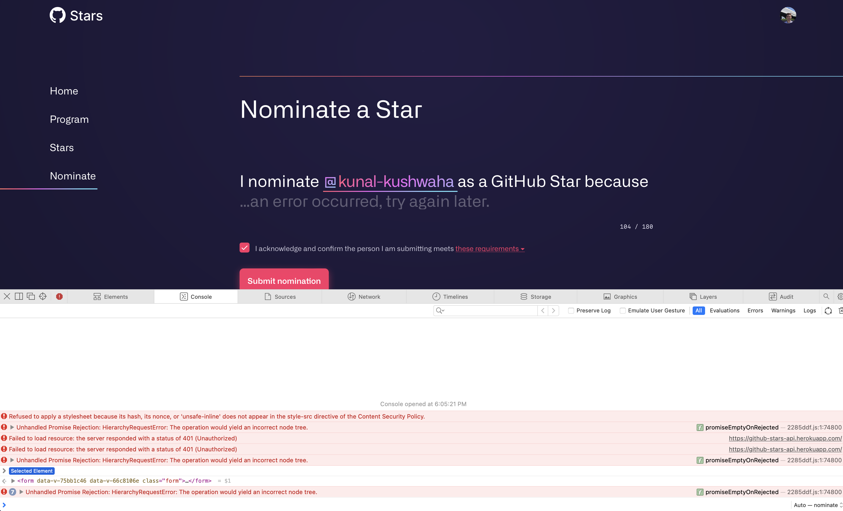Unable to submit nominations for stars.github.com · community · Discussion #10274 · GitHub