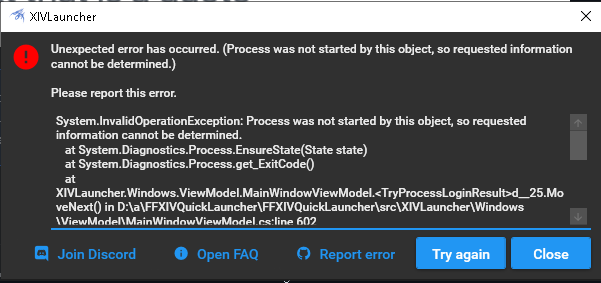 Error when closing game · Issue #874 · goatcorp/FFXIVQuickLauncher · GitHub