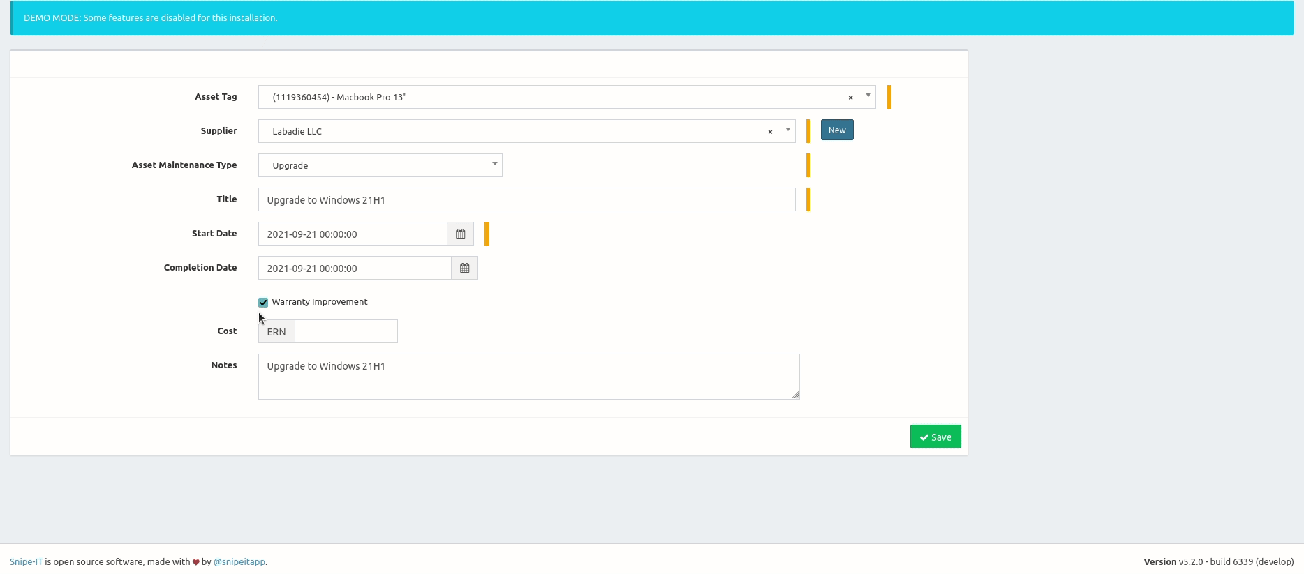 Empty Warranty Field Under Maintenances · Issue 10108 · Snipesnipe It · Github