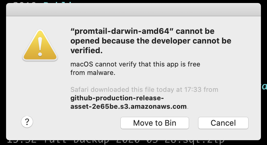 MacOS Gatekeeper prevents release binary from executing. · Issue #2423 · grafana/loki · GitHub