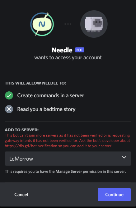 🐛 Cannot invite bot, not verified · Issue #79 · MarcusOtter/discord-needle · GitHub