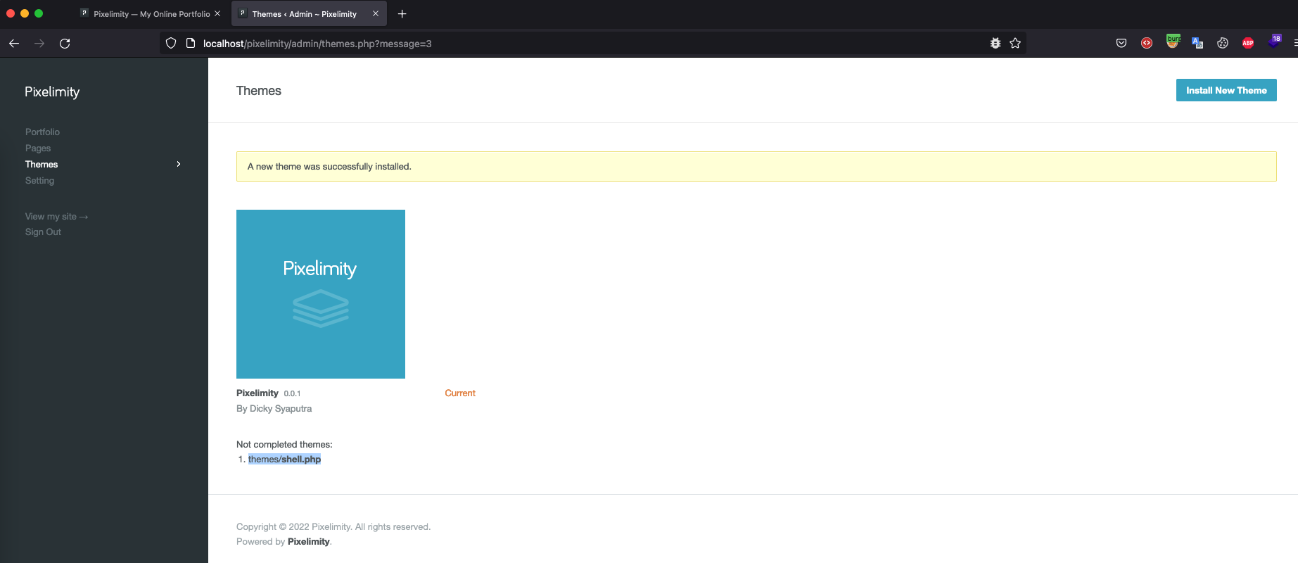 A Remote Code Execution (RCE) vulnerability exists in pixelimity via admin/admin-ajax.php?action ...