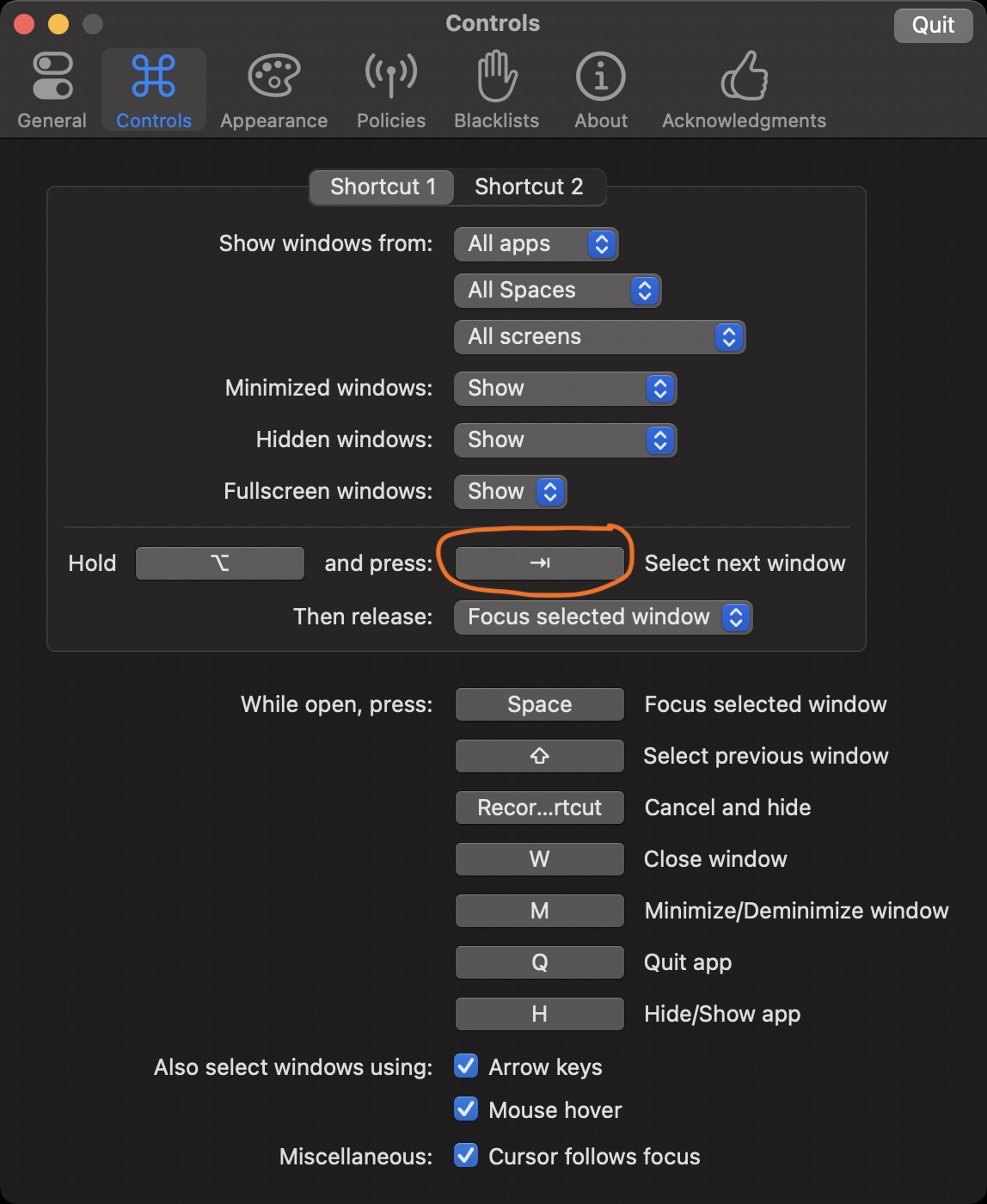 Setting some specific custom shortcuts (e.g. command+up) crashes AltTab ...