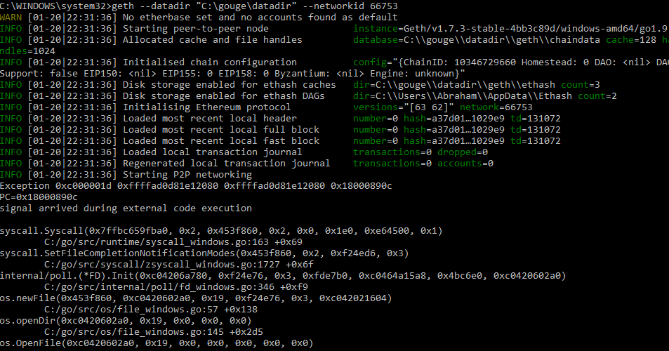 Geth private blockchain - error: signal arrived during external code execution (unable to launch ...