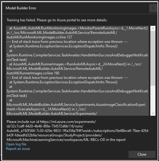 Training has failed. · Issue #2052 · dotnet/machinelearning-modelbuilder · GitHub