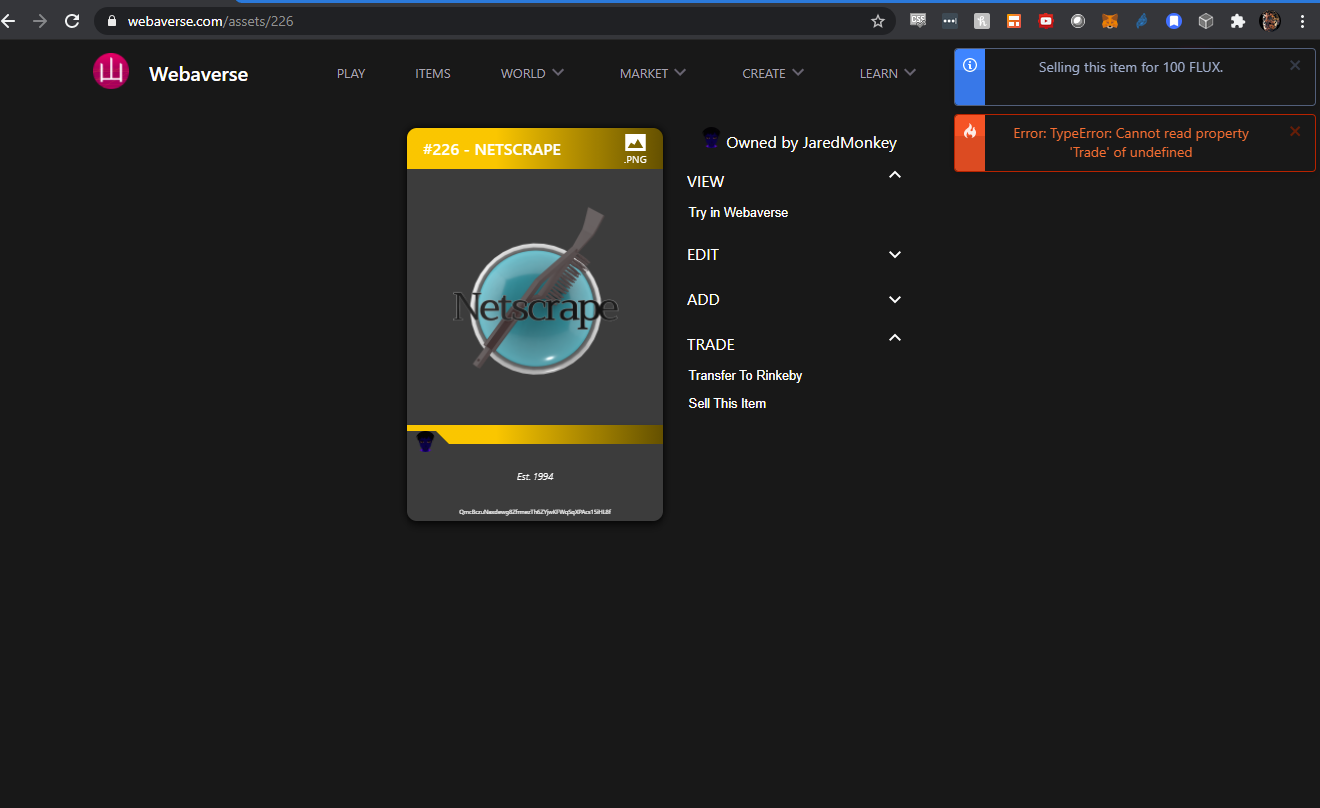 Error when trying to sell an item · Issue #797 · webaverse/app · GitHub