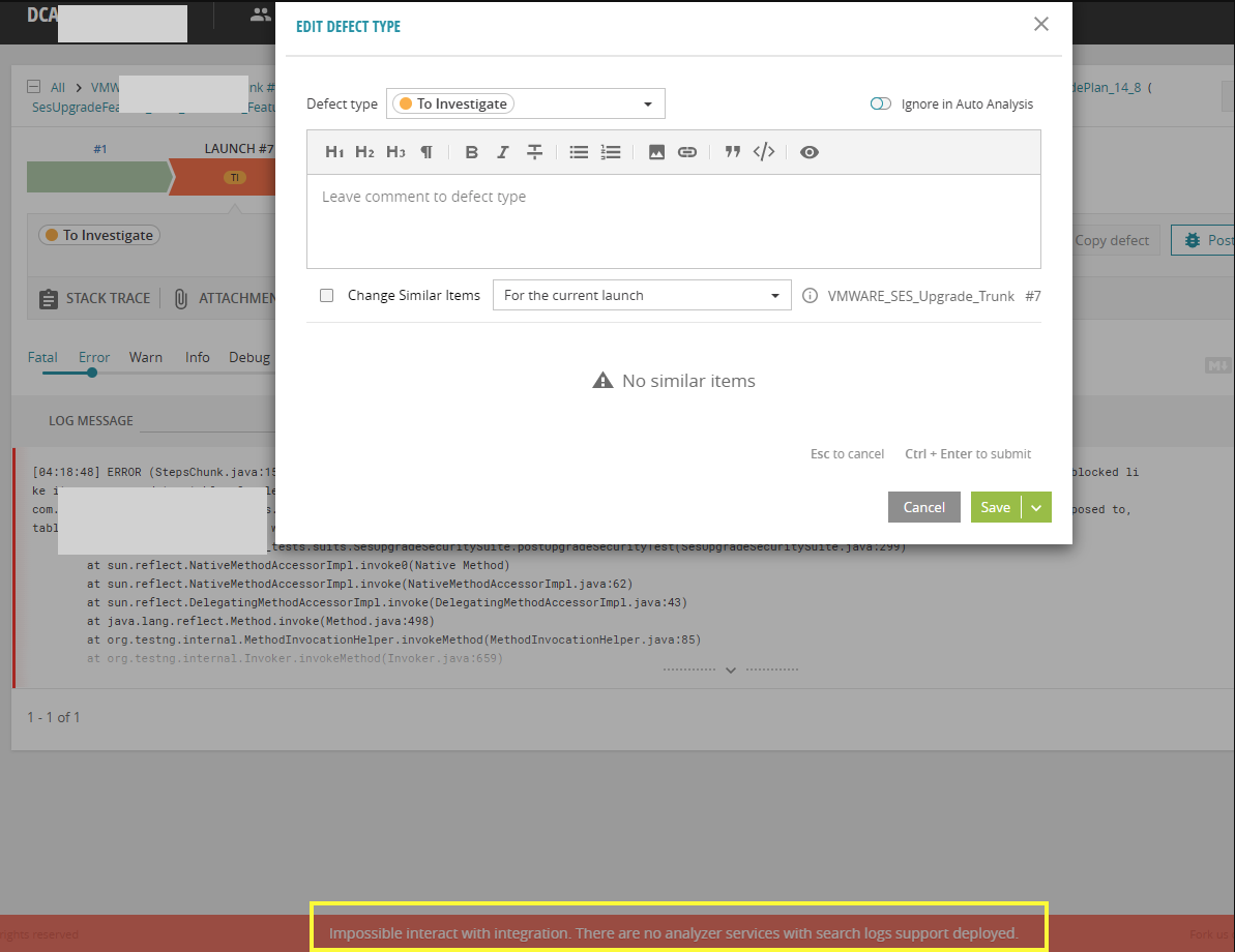 Impossible interact with integration. There are no analyzer services with search logs support ...