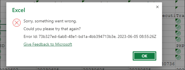 Excel showing "Something went wrong" error repeatedly when loading a worksheet with Custom ...