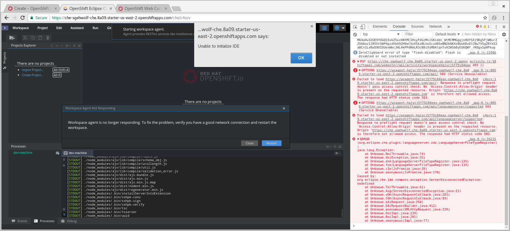 Che cannot create new workspaces on https://openshift.io - "Unable to Initialize IDE ...