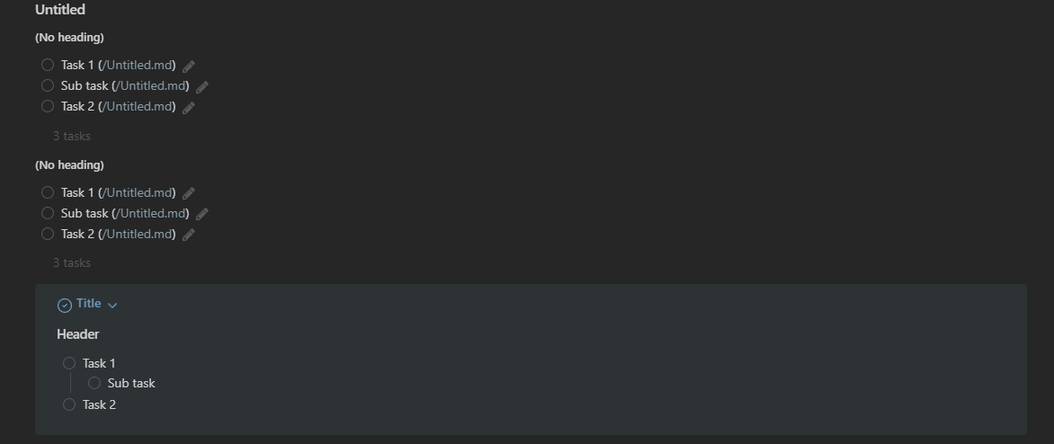 Tasks in a callout under a header in the same callout, when queried with a group by clause on ...