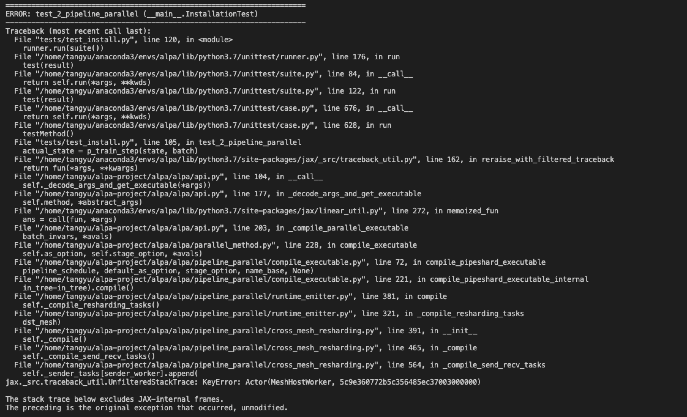 jax._src.traceback_util.UnfilteredStackTrace: KeyError: Actor(MeshHostWorker ...