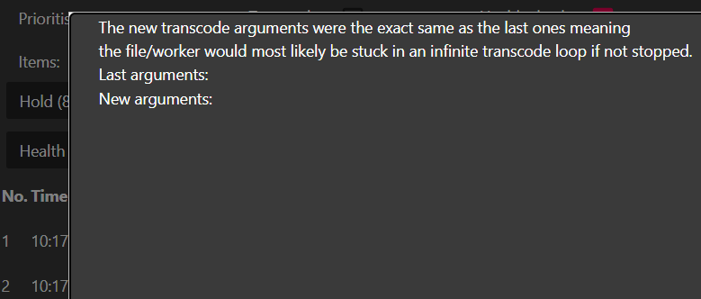 20013 Health Check Error New Transcode Arguments Were The Exact Same As The Last Ones 