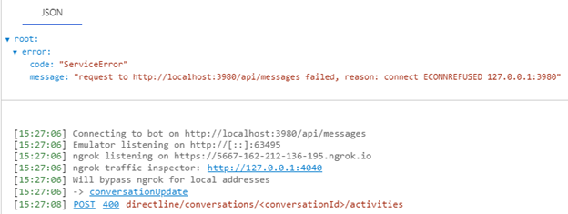 Bot composer and Emulator Error - Getting the ECONNREFUSED error in emulator and retry in Bot ...