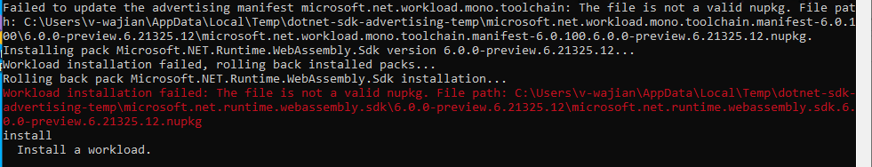 Fail to install workload "microsoft-net-sdk-blazorwebassembly-aot" · Issue #18661 · dotnet/sdk ...