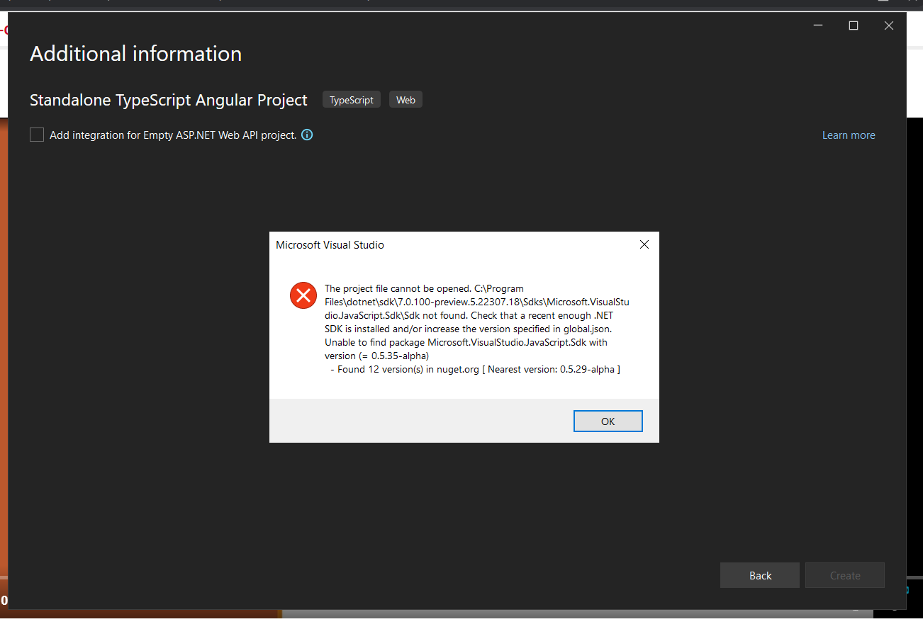 Can't use VS 2022 Latest preview (public) to generate a Angular project ...