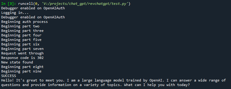 [BUG] Standard example from the wiki producing no output · Issue #166 · acheong08/ChatGPT · GitHub