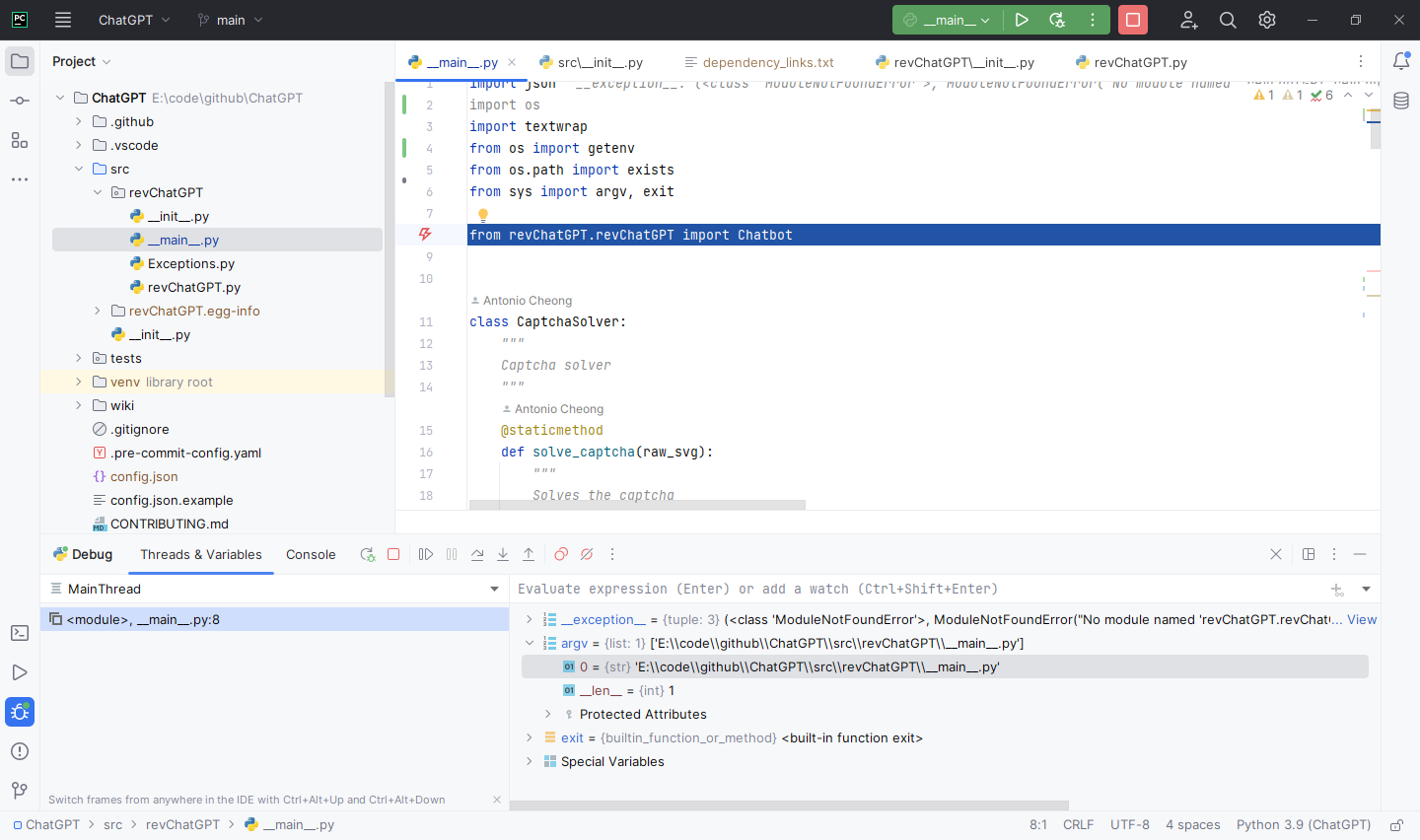 ModuleNotFoundError: No module named 'revChatGPT.revChatGPT ...