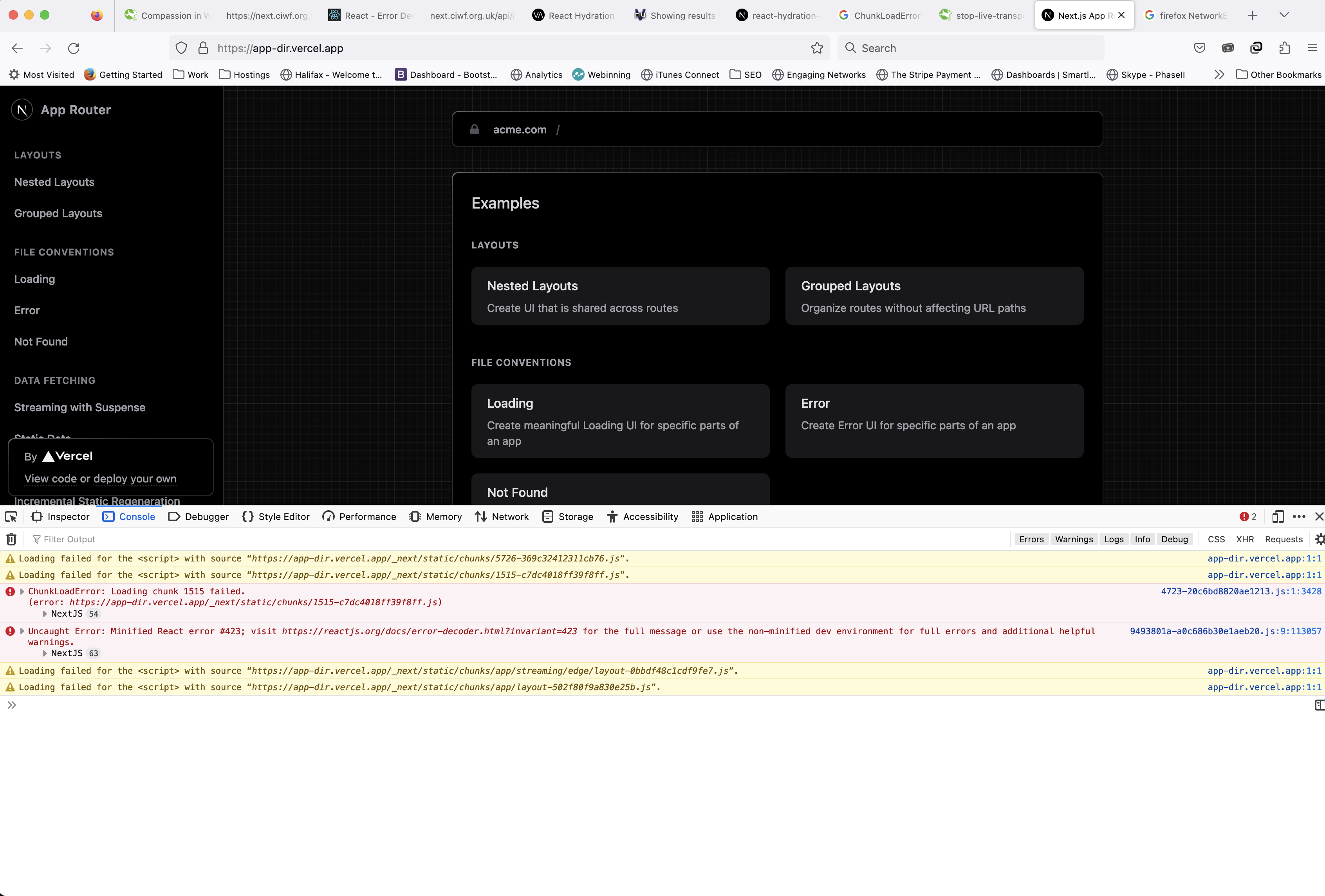 Multiple errors on https://app-dir.vercel.app/ · Issue #50680 · vercel/next.js · GitHub