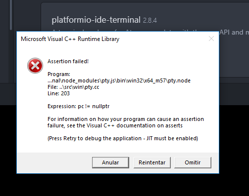 assertion failed!, atom 1.31.2 x64 · Issue #613 · platformio/platformio-atom-ide-terminal · GitHub