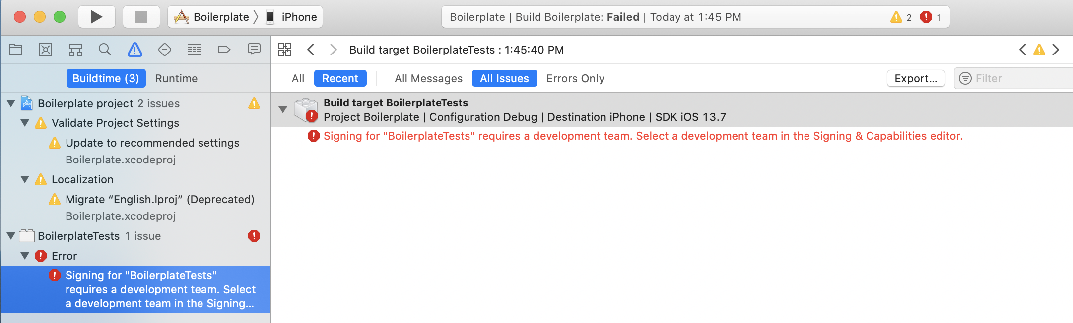 Signing For Boilerplatetests Requires A Development Team Select A Development Team In The