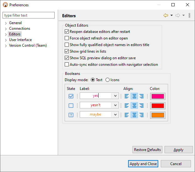 Boolean column values view. Textboxes-mode field customisation and ...
