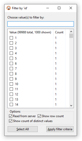 In The Filter Per Column Pane Show The Total Number Of Distinct Values · Issue 15656 · Dbeaver 