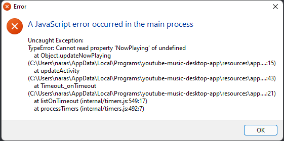 A JavaScript error occurred in the main process · Issue #906 · ytmdesktop/ytmdesktop · GitHub