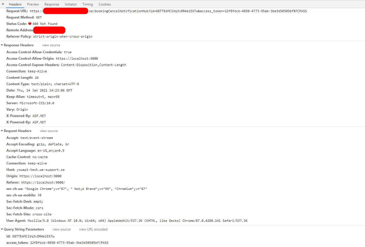 Unable to connect with SignalR hub with any available transports. Error 404 "No Connection with ...