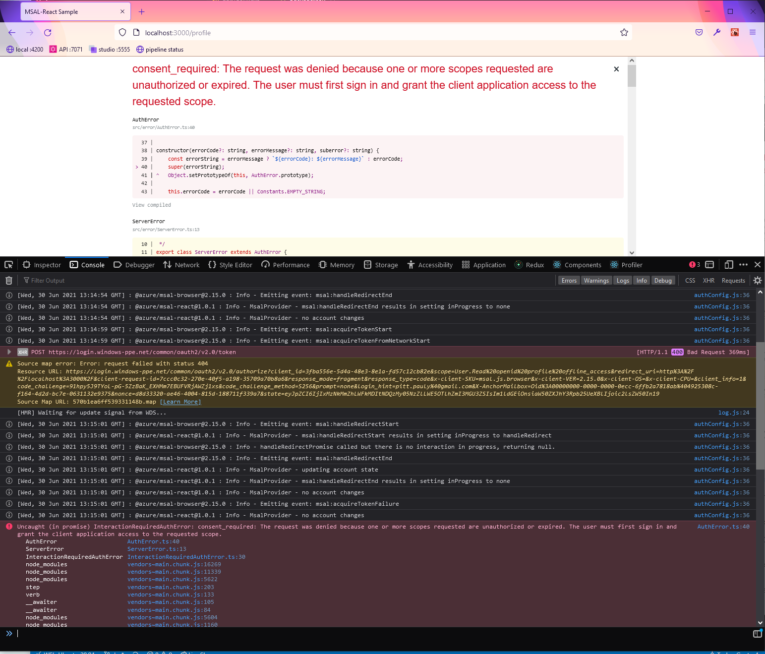 msal-react react router sample fails to authorize request to fetch profile · Issue #3820 ...