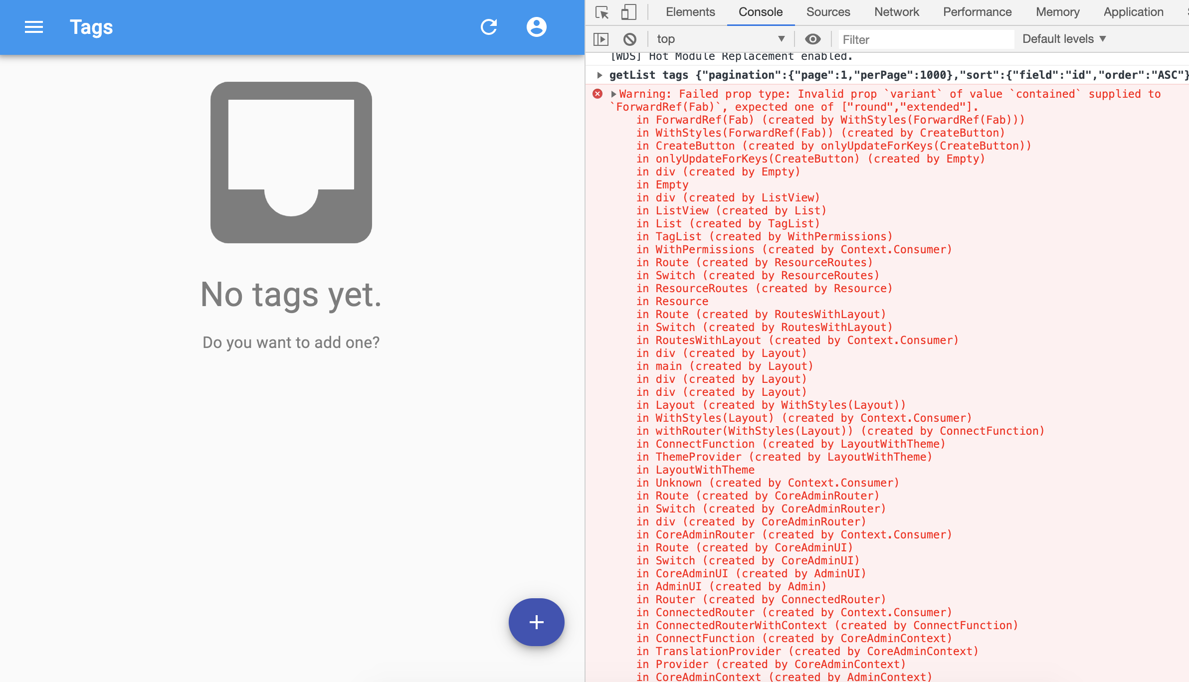 Invalid Prop Passed To Fab Component Create Button On Empty List · Issue 4790 · Marmelab