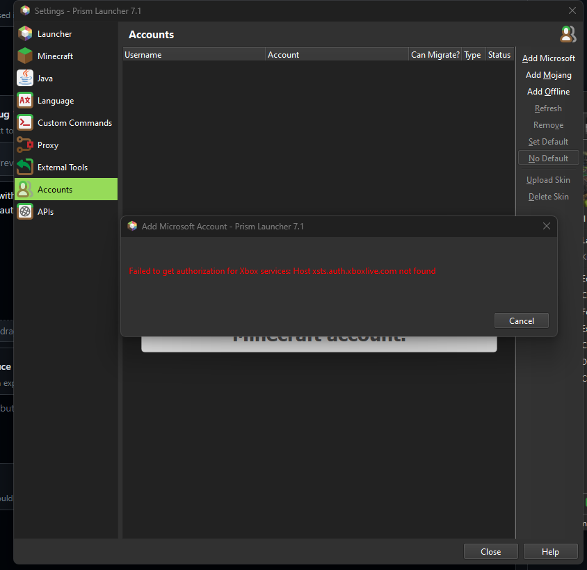 Failed to get authorization for Xbox services: Host xsts.auth.xboxlive.com not found · Issue ...