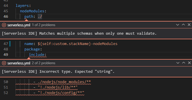 Serverless Framework - layers schema incorrectly flags 'package' and 'path' properties when used ...