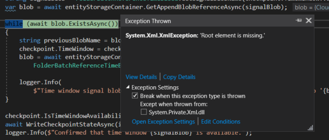 Cloudappendblobexistsasync Throws Systemxmlxmlexception Root