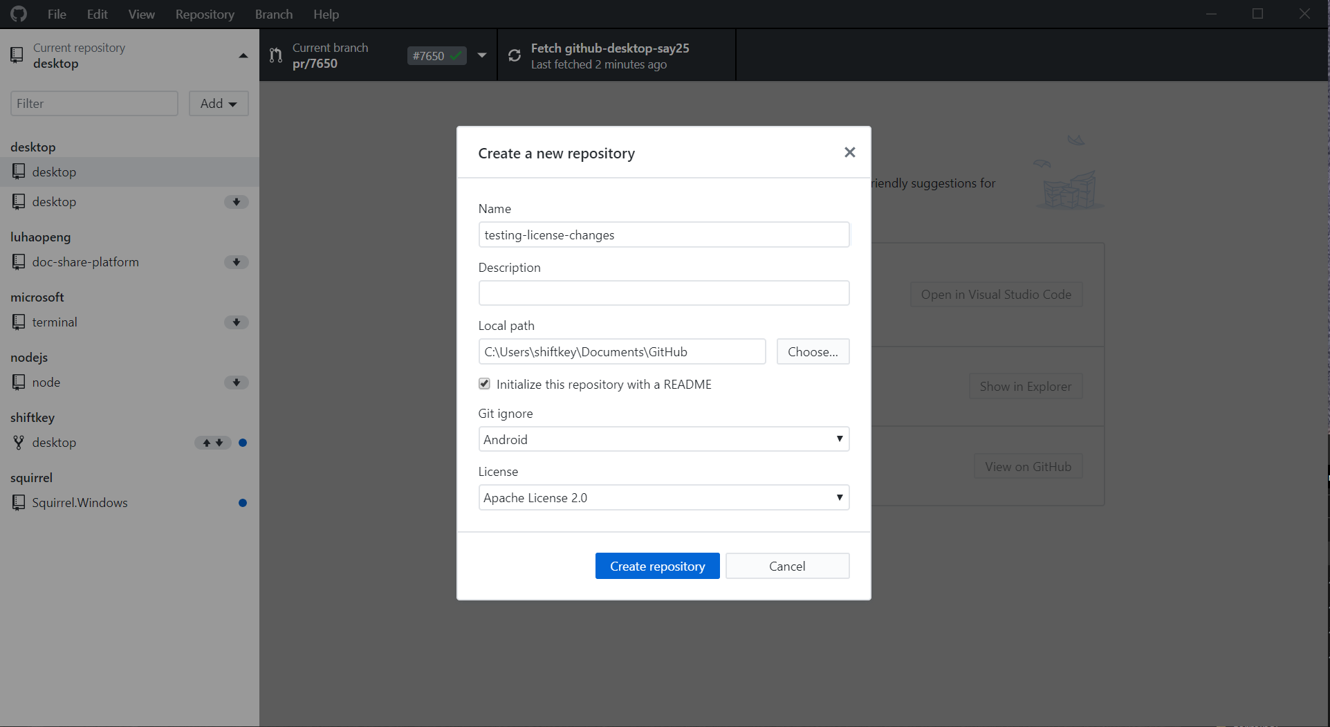 "create new repository" doesn't warn about using an existing local ...