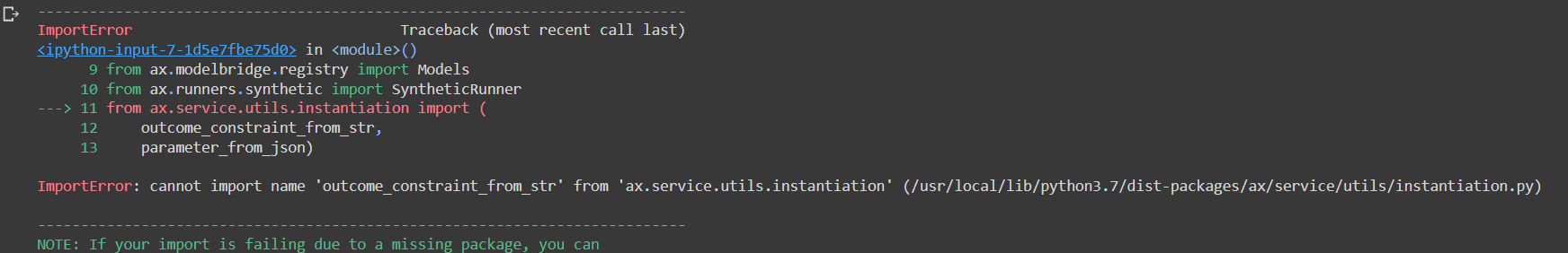 Import Error: cannot import name 'outcome_constraint_from_str' from 'ax.service.utils ...