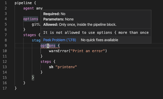Jenkinsfile Diagnostics Incorrectly Says Options Can Only Be Used Once Inside The Pipeline Block