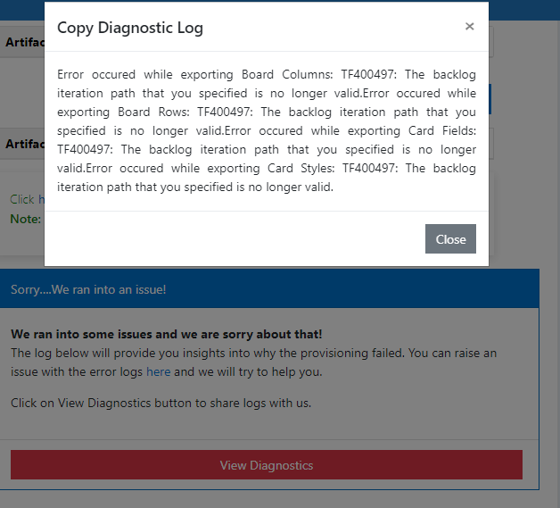 While building template getting error "Error occured while exporting Board Columns: TF400497 ...