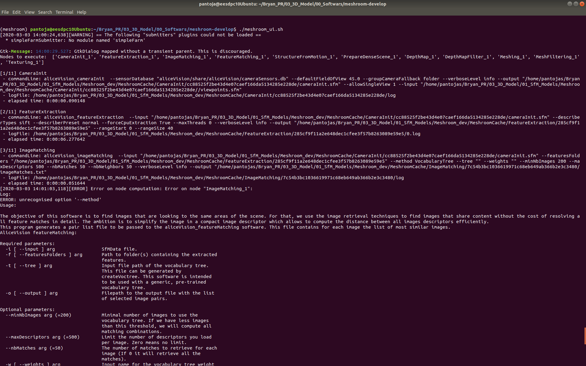 Error doing imageMatching using environment · Issue #813 · alicevision/Meshroom · GitHub